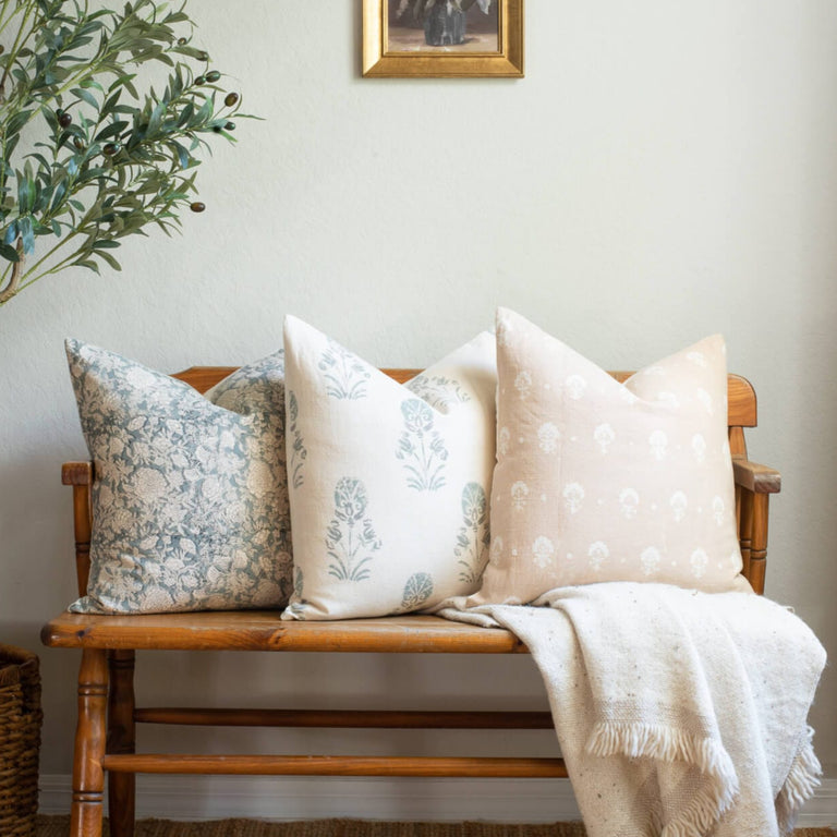 Devi Floral Block Printed Pillow Cover | Teal Green/Blue – Apartment No.3