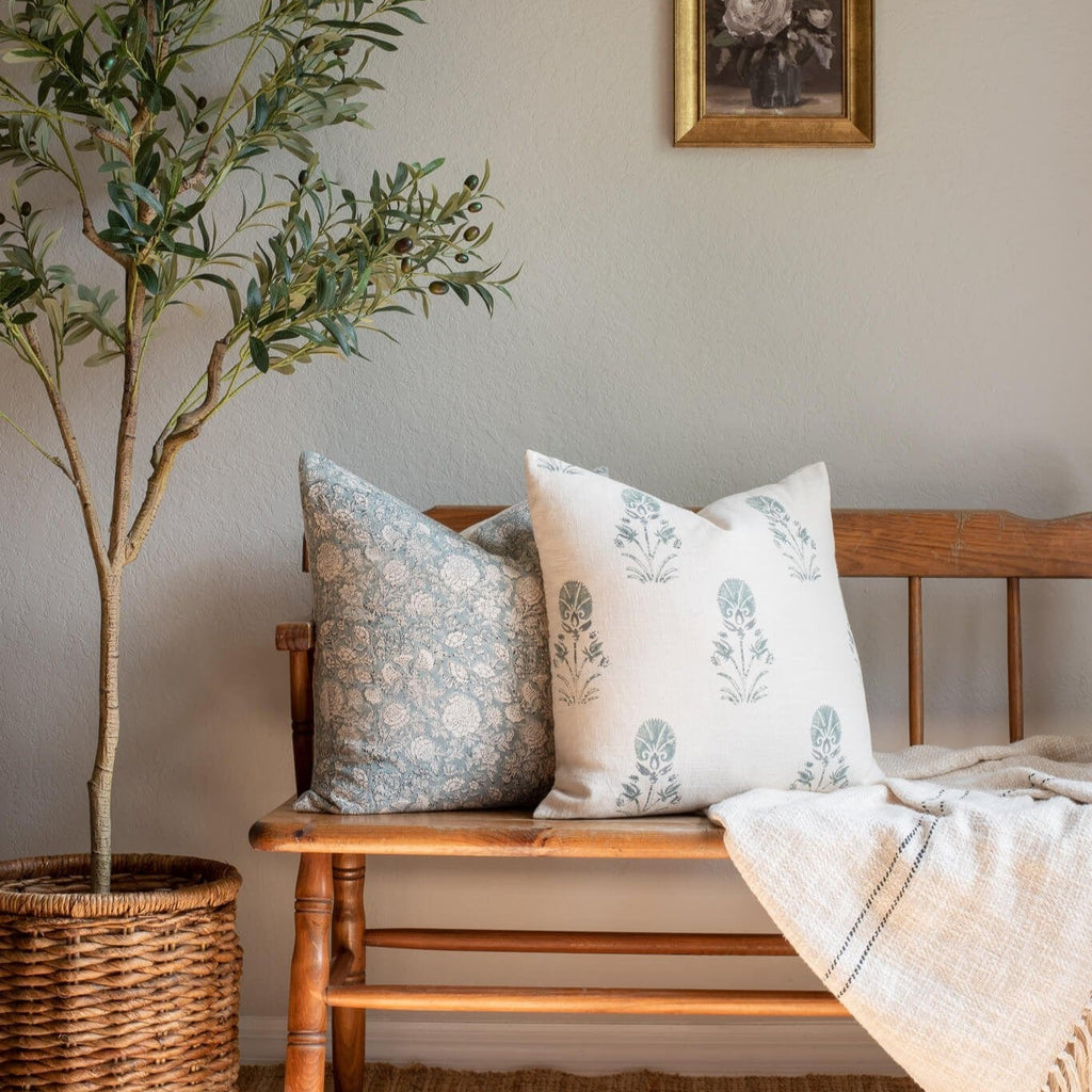 Devi Floral Block Printed Pillow Cover | Teal Green/Blue – Apartment No.3