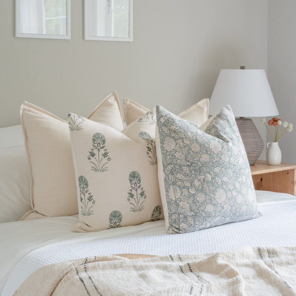 Devi Floral Block Printed Pillow Cover | Teal Green/Blue – Apartment No.3